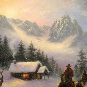 Snowy Mountain Cabin Cowboys Art Print Cowboys Snow Paintings, Western ...