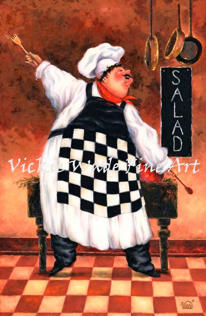 Salad Chef Art Print fat chef art chef paintings chef | Etsy