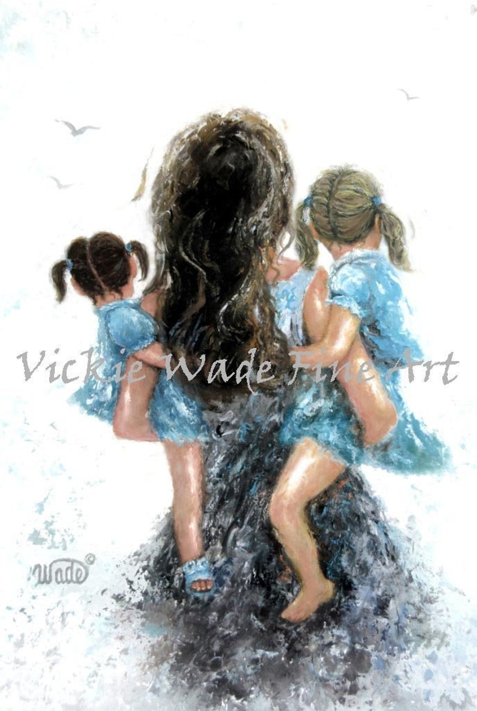 Mother Two Daughters Art Print Mother Carrying Two Girls Art - Etsy