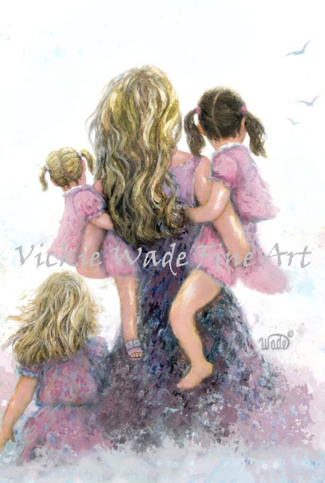 Mother Three Daughters Art Print, Mother Paintings, Blonde Mom Three Girls, Carrying Daughters ...