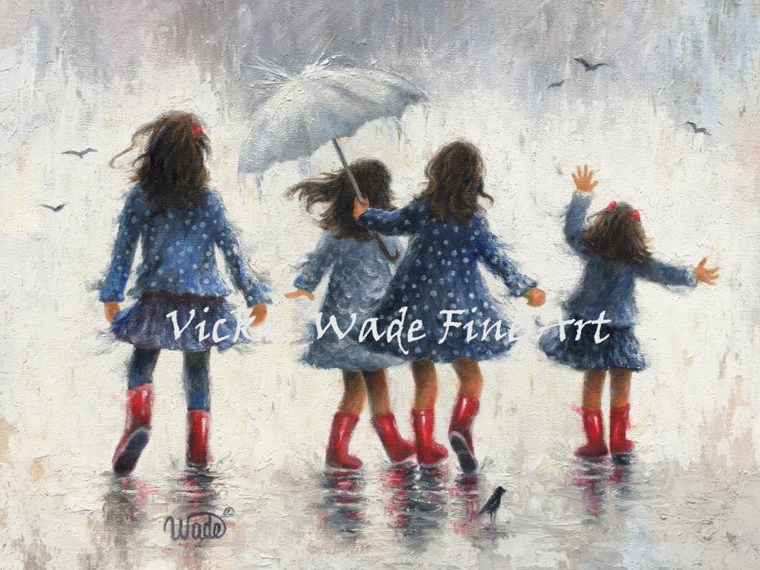 Four Sisters Art Print: Girls in Rain, Vickie Wade Painting - Etsy