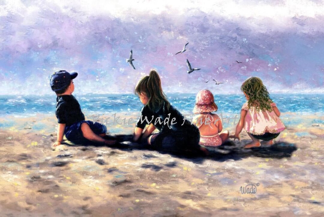 Four Beach Children Art Print Sitting on Beach 3 Girls and 1 Boy, Lake ...