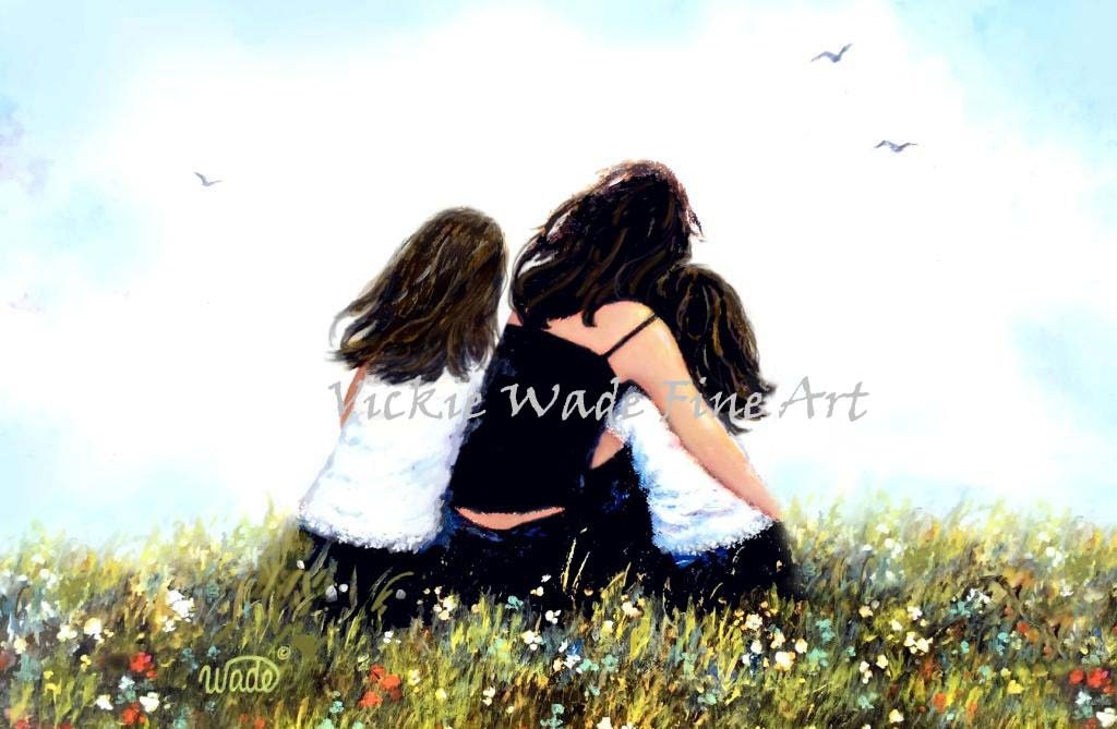 Mother and Two Daughters Hugging Art Print, Mom and Two Girl Sitting in ...