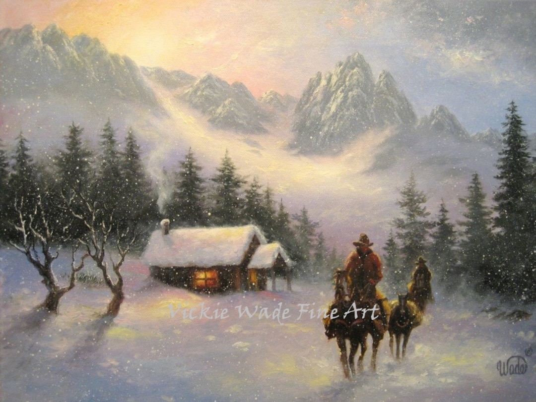 Snowy Mountain Cabin Cowboys Art Print Cowboys Snow Paintings, Western ...