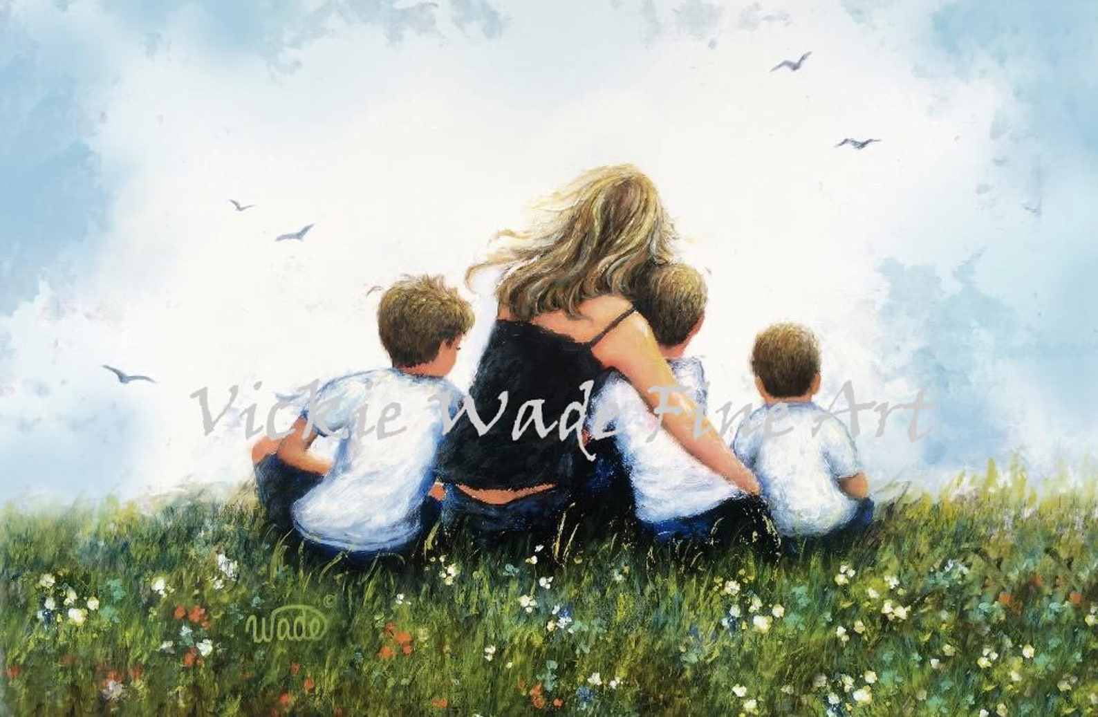 Mother and Three Sons Art Print Mom Three Boys Brunette | Etsy