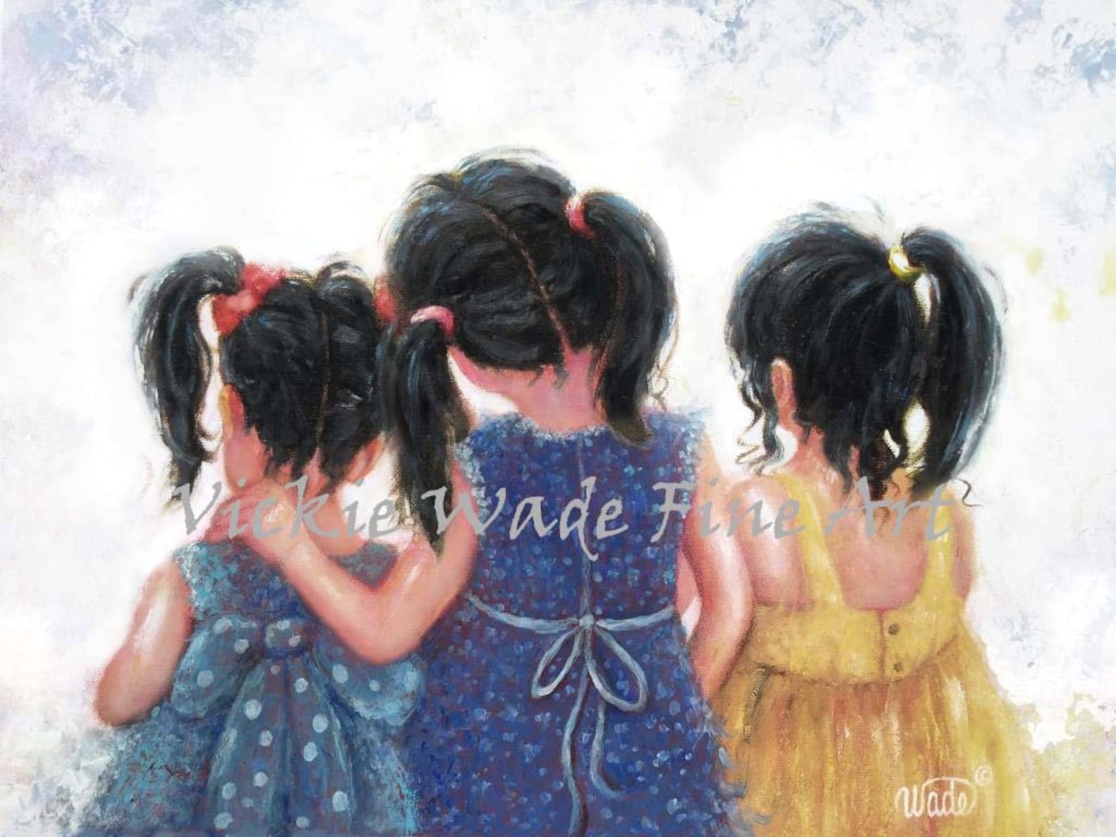 Three Sisters Black Hair Art Print Three Girls Sister Blue | Etsy