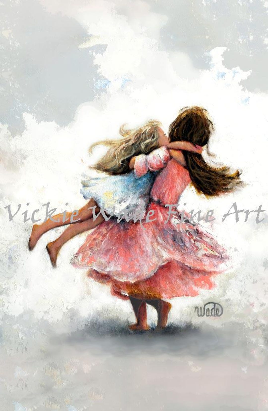 Two Sisters Art Print: Blonde & Brunette Girls Twirling - Etsy