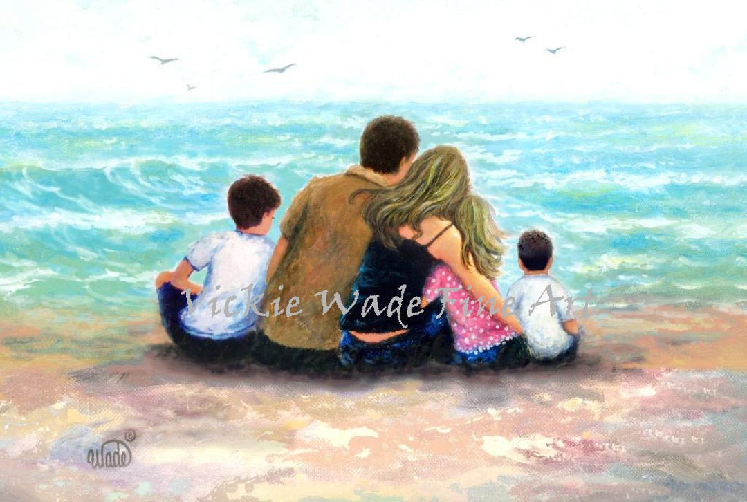 Beach Family Three Children Art Print Mom Dad Two Brothers and Sister ...