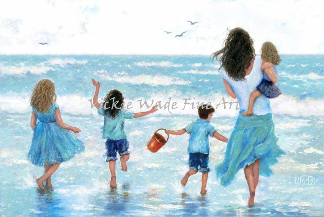 Beach Mother Four Children Art Print, Three Girls and Boy, Three ...