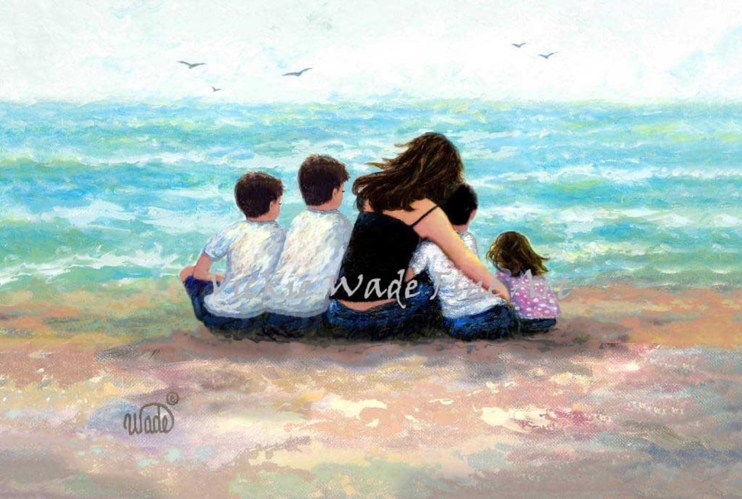 Beach Mother Four Children Art Print, Three Sons One Daughter, Mom ...
