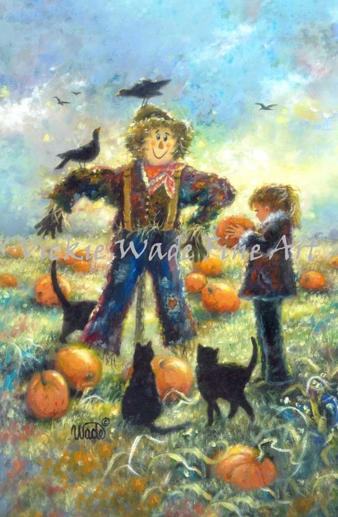 Autumn Art Print Pumpkin Patch, Little Girl, Scarecrow Black Cats ...