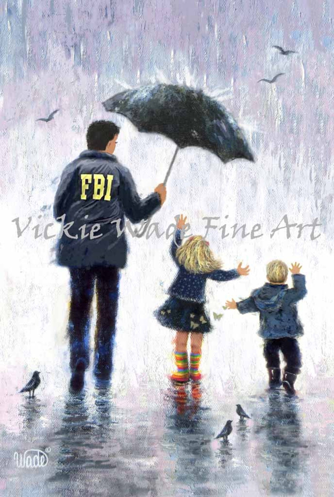 Father Daughter and Son Art Print, FBI Agent Father Dad Walking in Rain ...