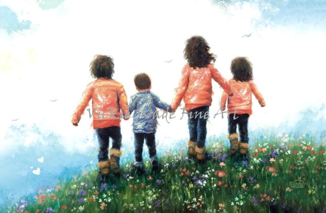 Four Children Walking Art Print, Three Sisters and Little Brother ...