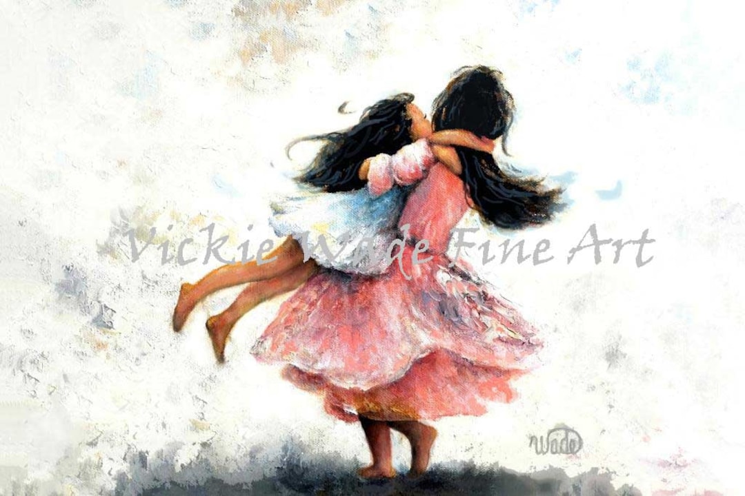 Two Sisters Twirling Art Print, Two Girls Playing, Two Daughters, Big ...