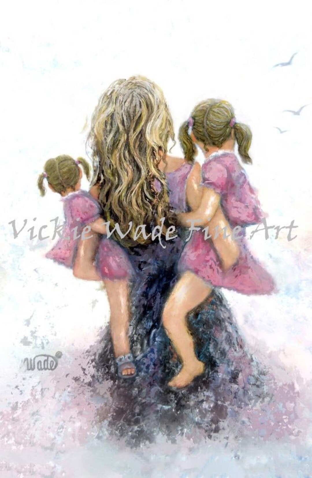 Mother Two Daughters Art Print, Blonde Mother Carrying Daughters, Pink ...