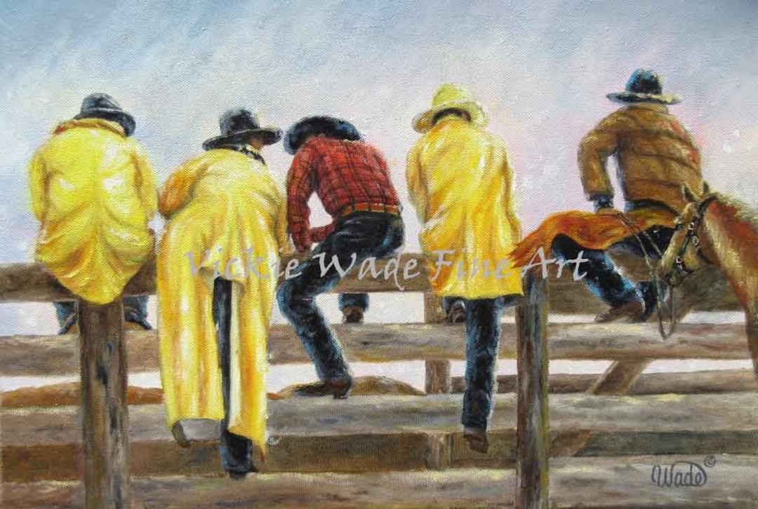 Cowboys Art Print, Cowboy Paintings, Five Cowboys on Fence, Rodeo Men ...