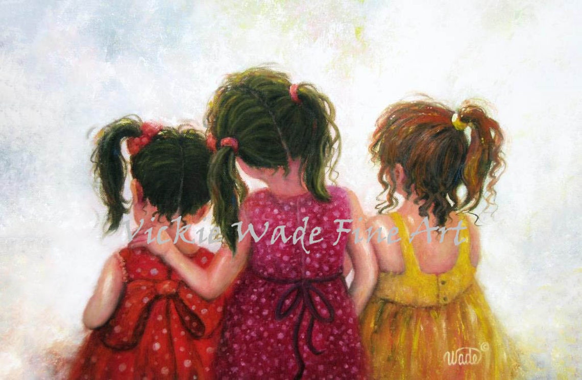 Three Sisters Art Print Three Girls Art Brunette Girls Wall | Etsy