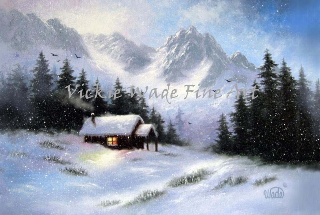 Art & Collectibles Oil snow covered trees cabin by forest Snowy ...