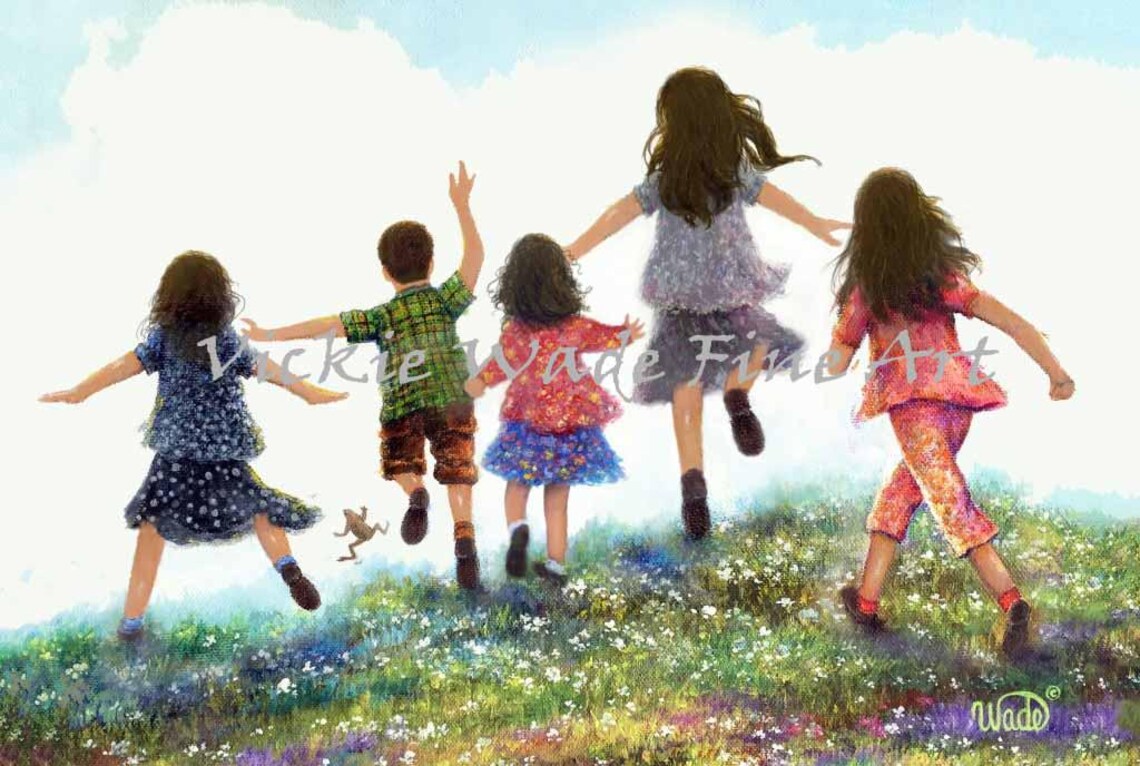 Five Children Leaping Art Print: Siblings Running Outdoors - Etsy