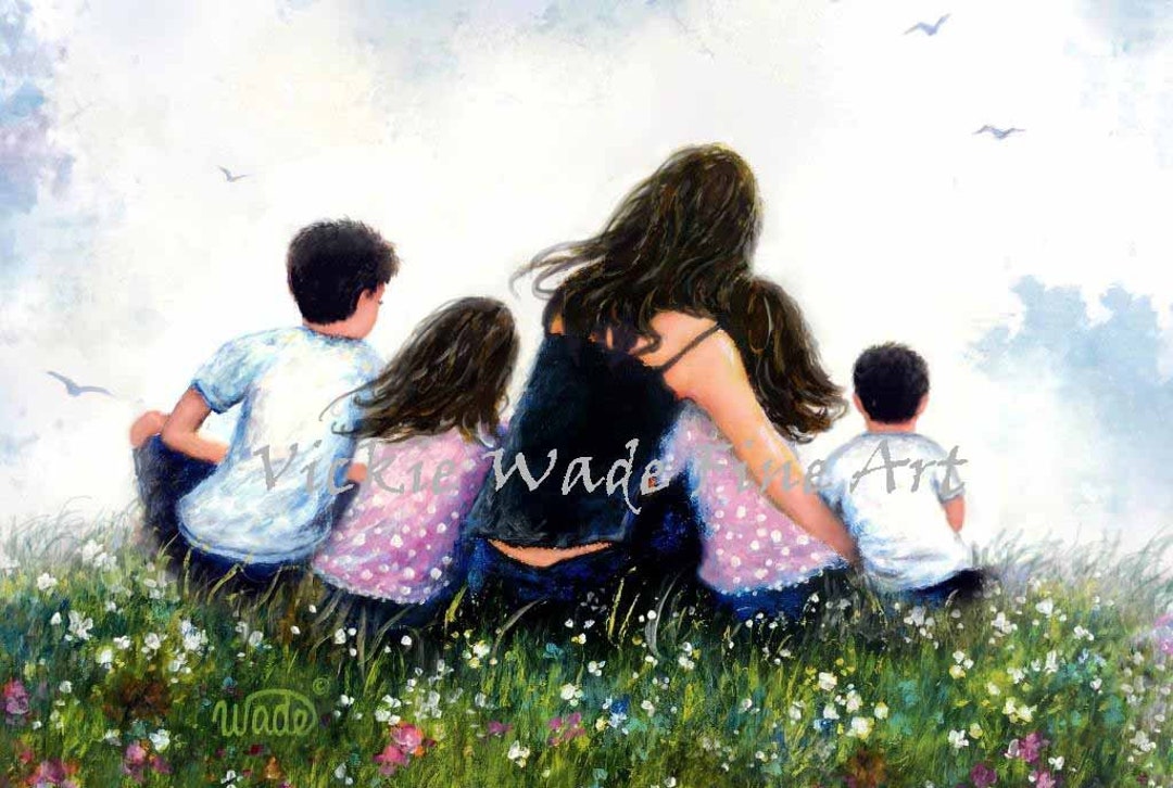 Mother and FOUR Children Art Print Two Sons Two Daughters, Two Boys Two ...