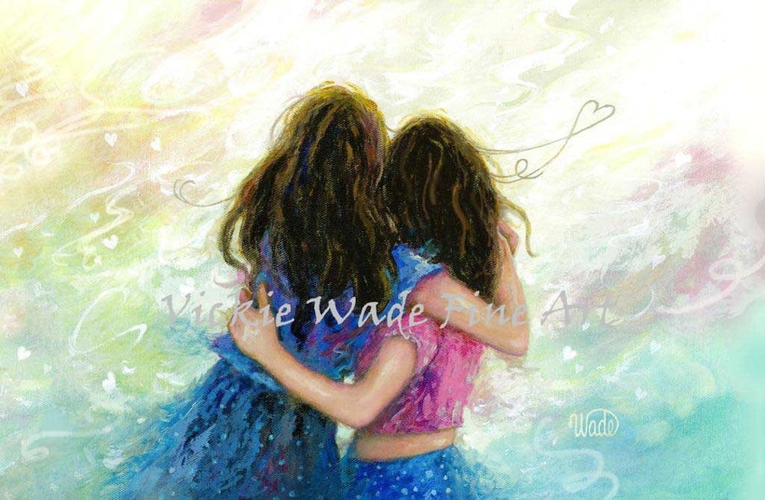 Two Sisters Art Print, Two Girls Wall Art, Two Girls Hugging, Brunettes ...