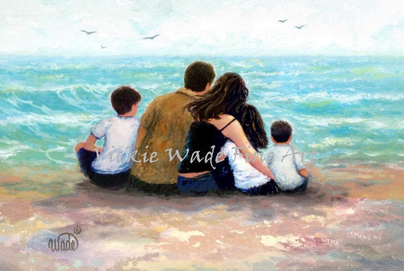 Beach Family Three Children Art Print Mom Dad Two Brothers and - Etsy