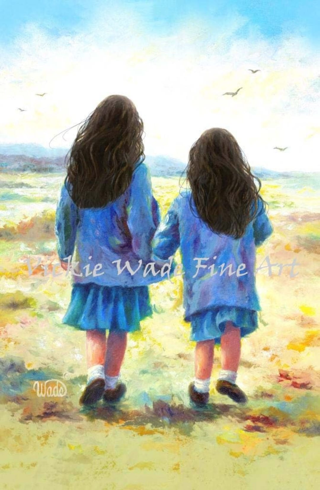 Two Sisters Art Print, Two Girls Walking Holding Hands, Long Brunette ...