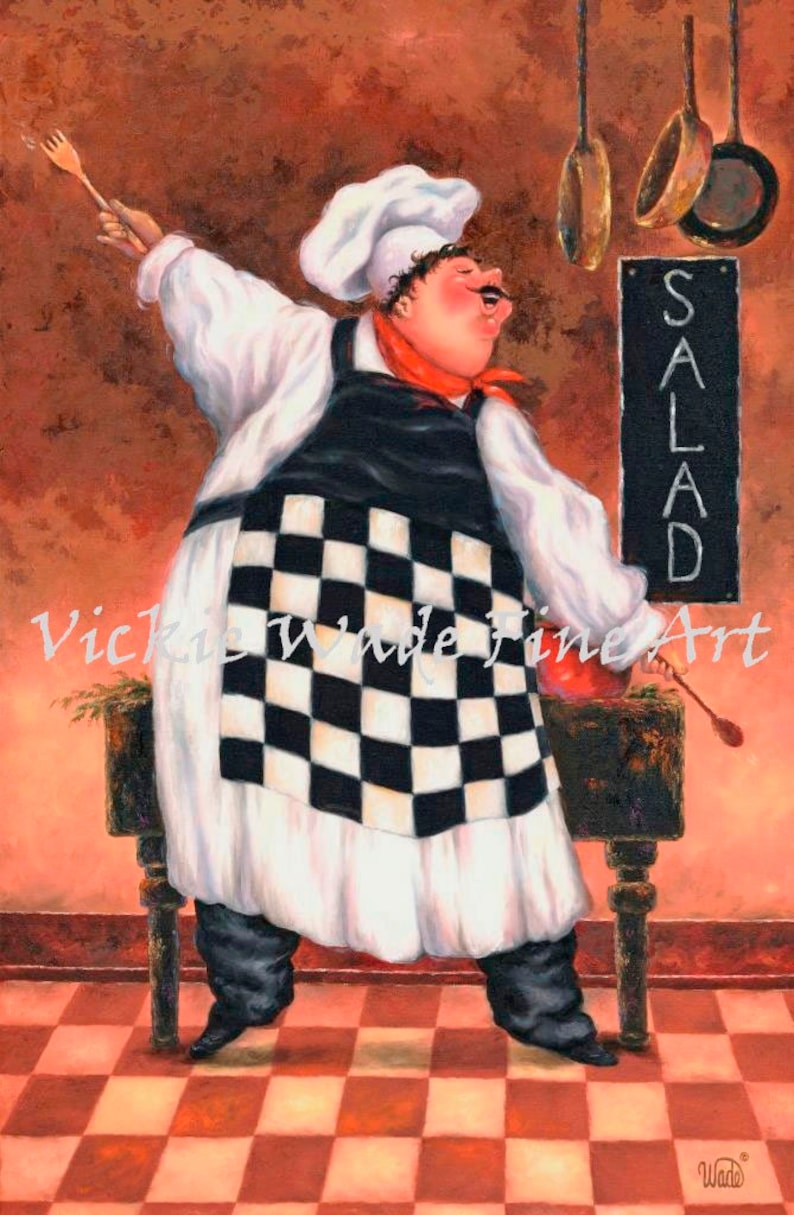 Salad Chef Art Print fat chef art chef paintings chef | Etsy