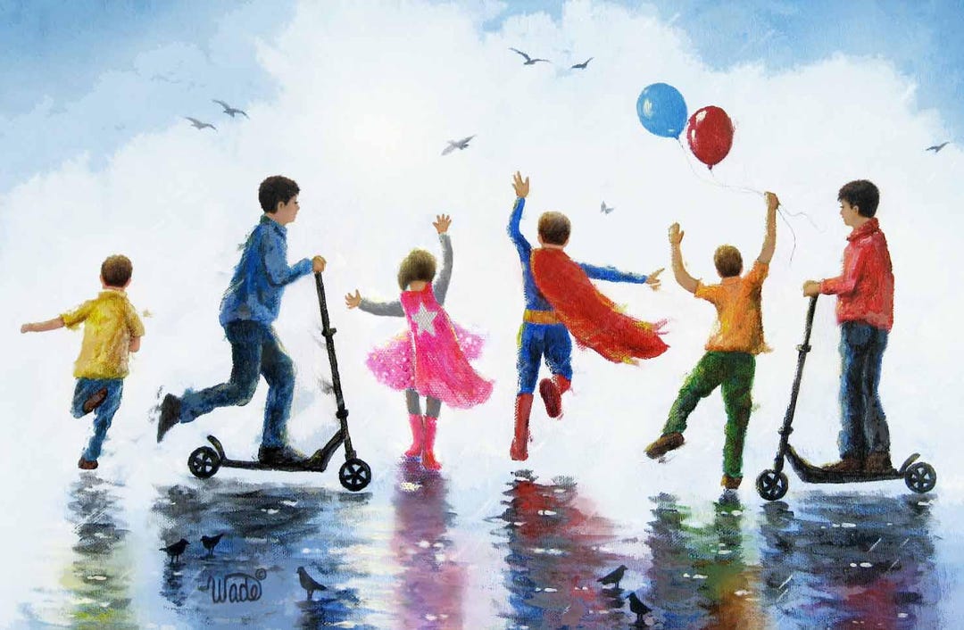 Five Boys and a Girl Art Print: Superhero Kids Playing - Etsy