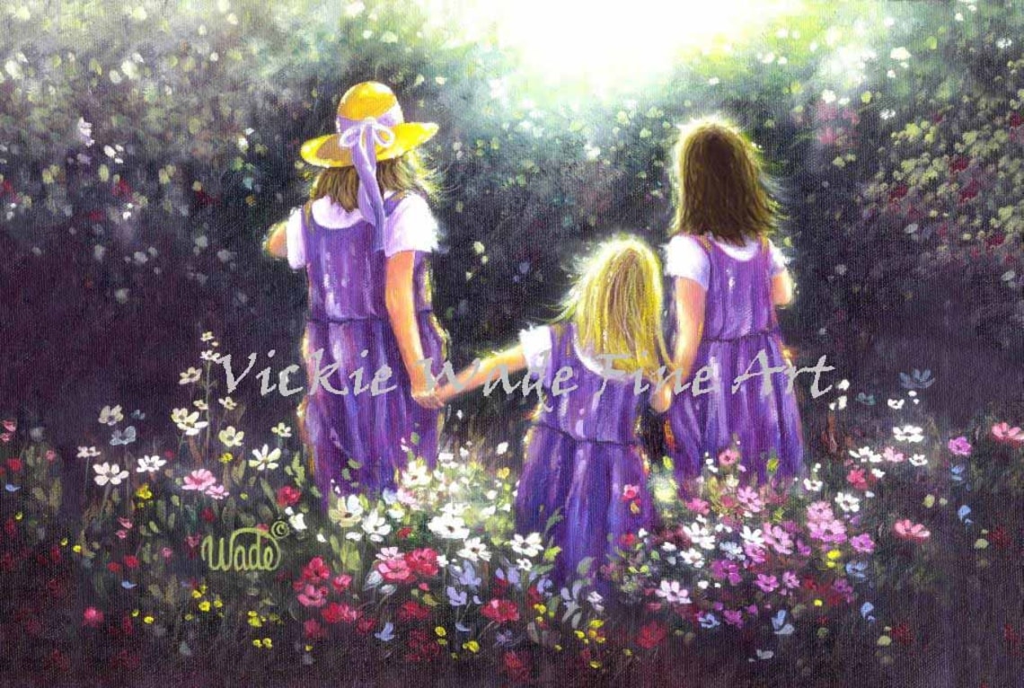 Three Sisters Art Print Three Girls Paintings Flower Garden - Etsy