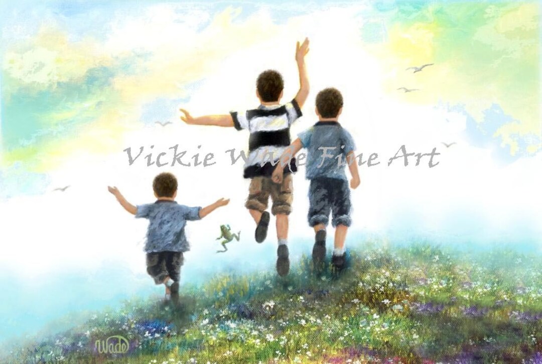 Three Brothers Art Print: Boys Playing in Wildflower Meadow - Etsy