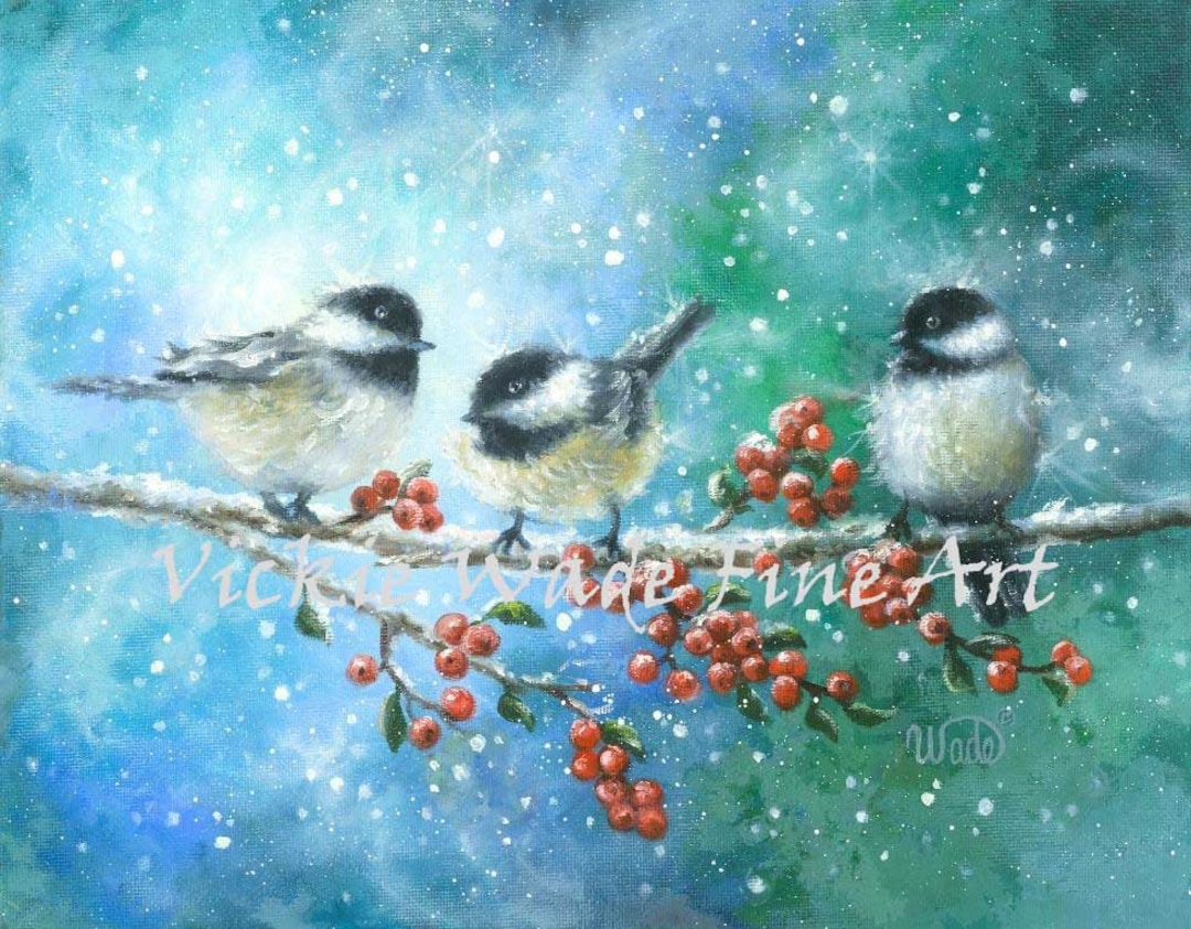 Chickadee Vogel Druck: Winter Vögel mit Roten Beeren Art - Etsy.de