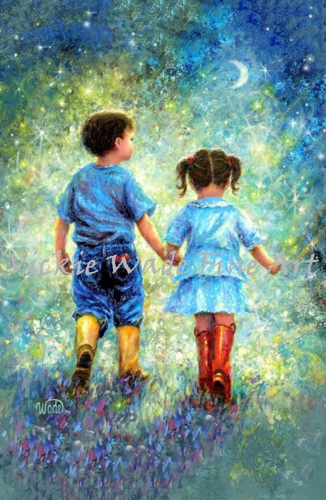 Brother Sister Art Print, Big Brother Little Sister Holding Hands Moon ...