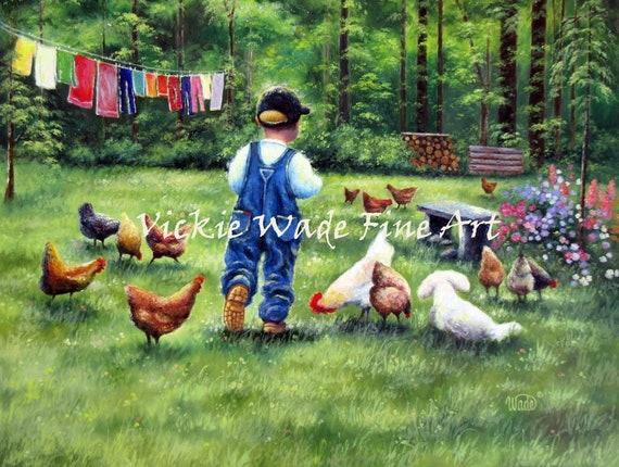 Farm Boy and Chickens Art Print boys room wall art country | Etsy