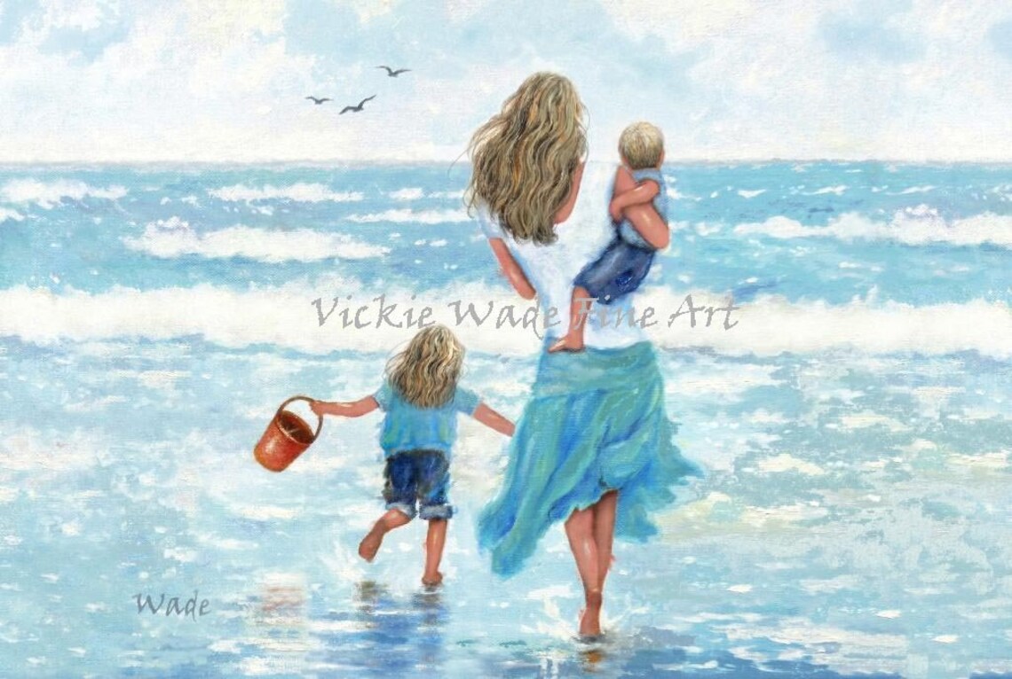 Beach Mother Two Children Art Print Daughter and Son Girl - Etsy