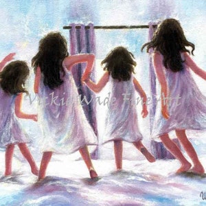 Four Sisters Art Print: Girls Jumping on Bed, Vickie Wade Art - Etsy