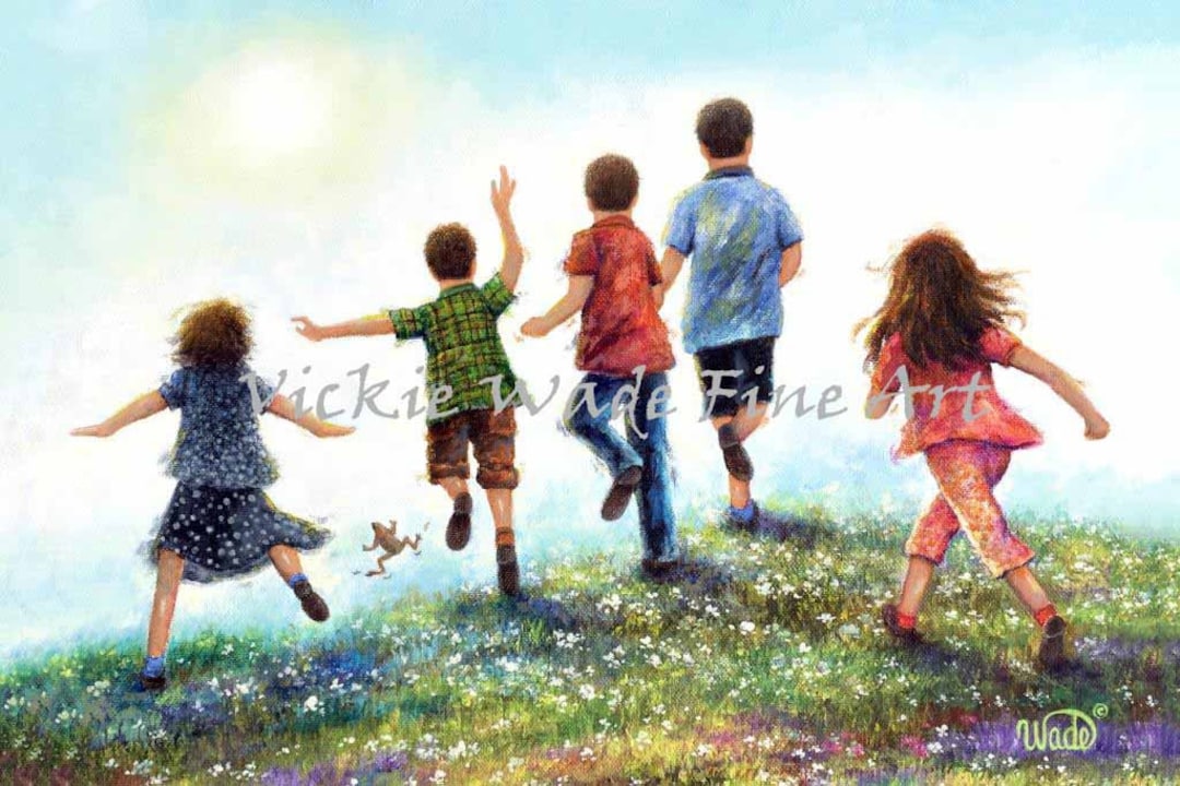 Five Children Running Art Print, Five Kids Playing Outdoors, 3 Boys and ...