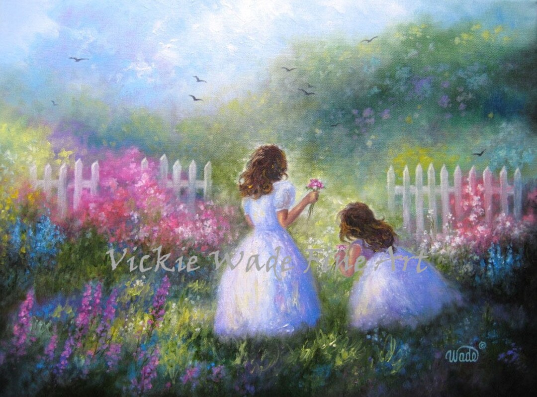 Two Sisters Flower Garden Art Print Garden Girls, Two Daughters White ...