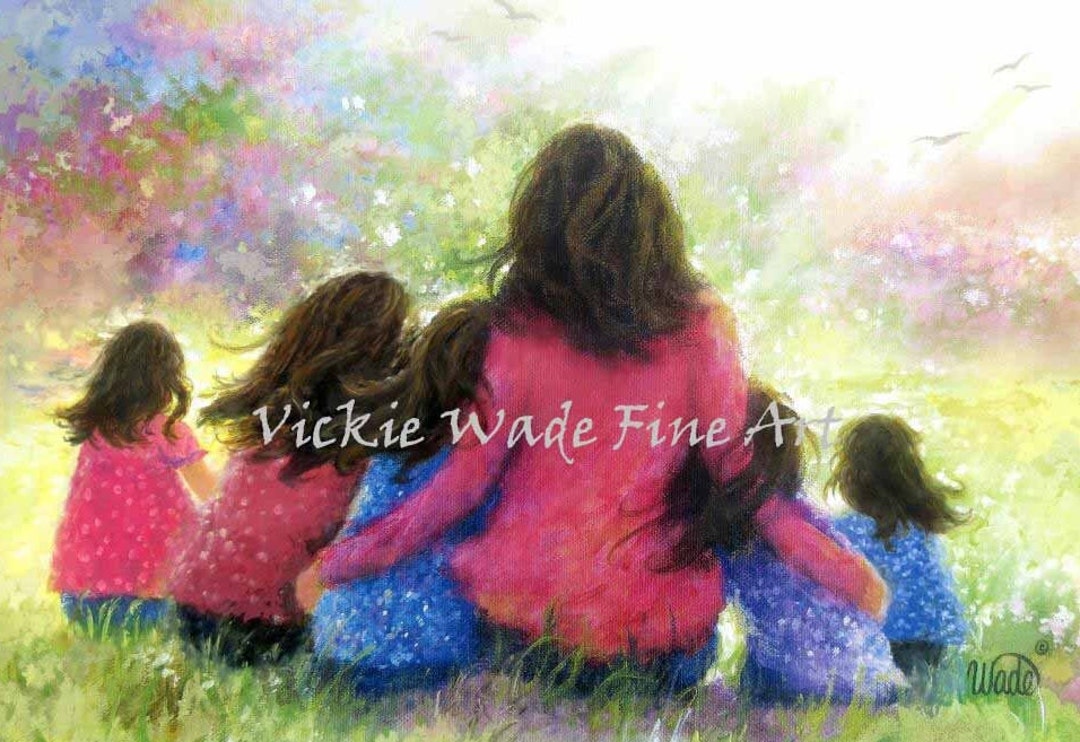 Mother and Five Daughters Art Print, Five Sisters Wall Art, Mom Hugging ...