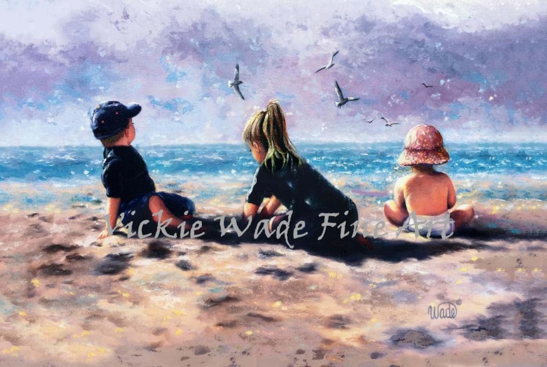 Three Beach Children Art Print, Three Beach Kids Playing in Sand, Beach ...