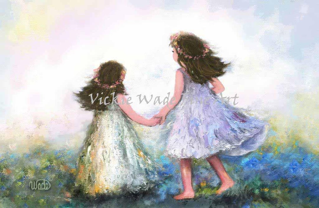 Two Sisters Art Print: Brunette Girls With Flowers by Vickie Wade - Etsy