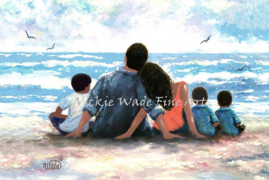 African American Biracial Beach Family Three Sons Art Print, Black Mom ...