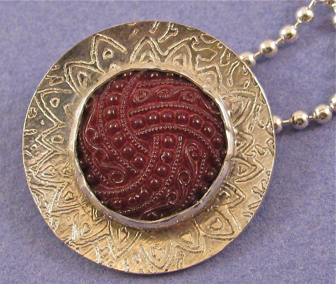 Etched Sterling Silver Red Button Pendant Necklace - Etsy