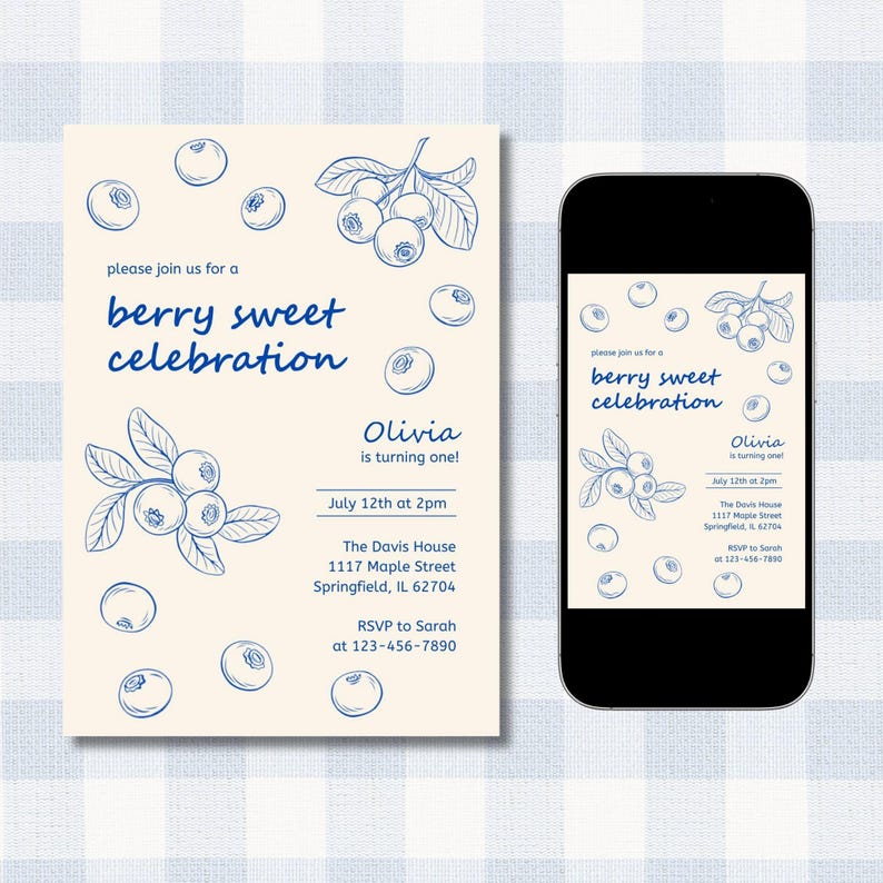 Editable Blueberry Birthday Party Invite, Berry Sweet Celebration ...