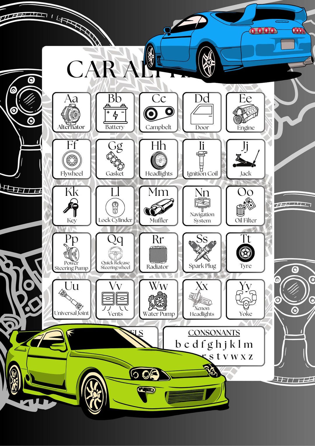 Alphabet Car Parts | Alphabet | Car Parts | Flashcards | Digital DIY ...