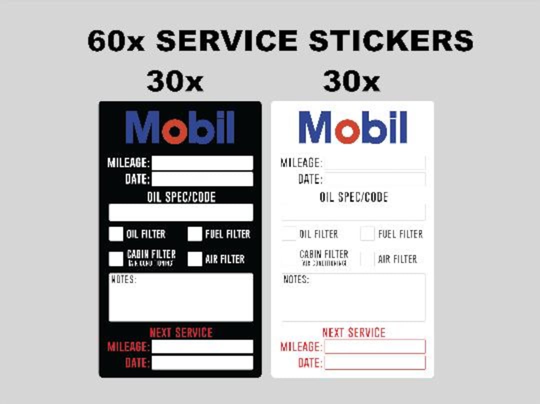 60x MOBIL Service Reminder Stickers Decals Car Maintenance Oil Change ...