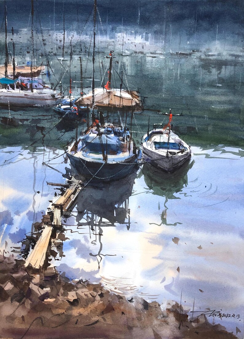 Jason Studio; Boats; Harbor; Lake; Scenery; Printable Original ...