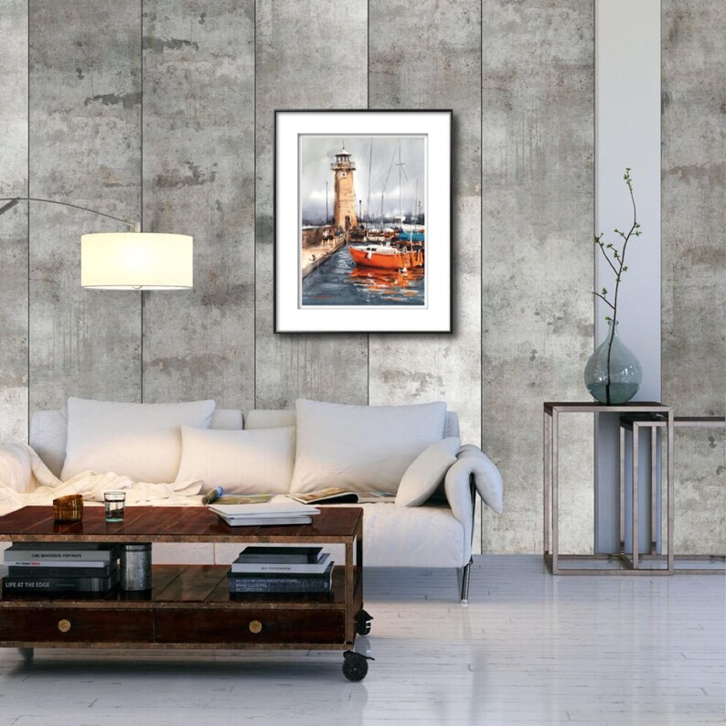 Jason Studio; Beacon; Boats; Scenery; Printable Original Watercolor ...