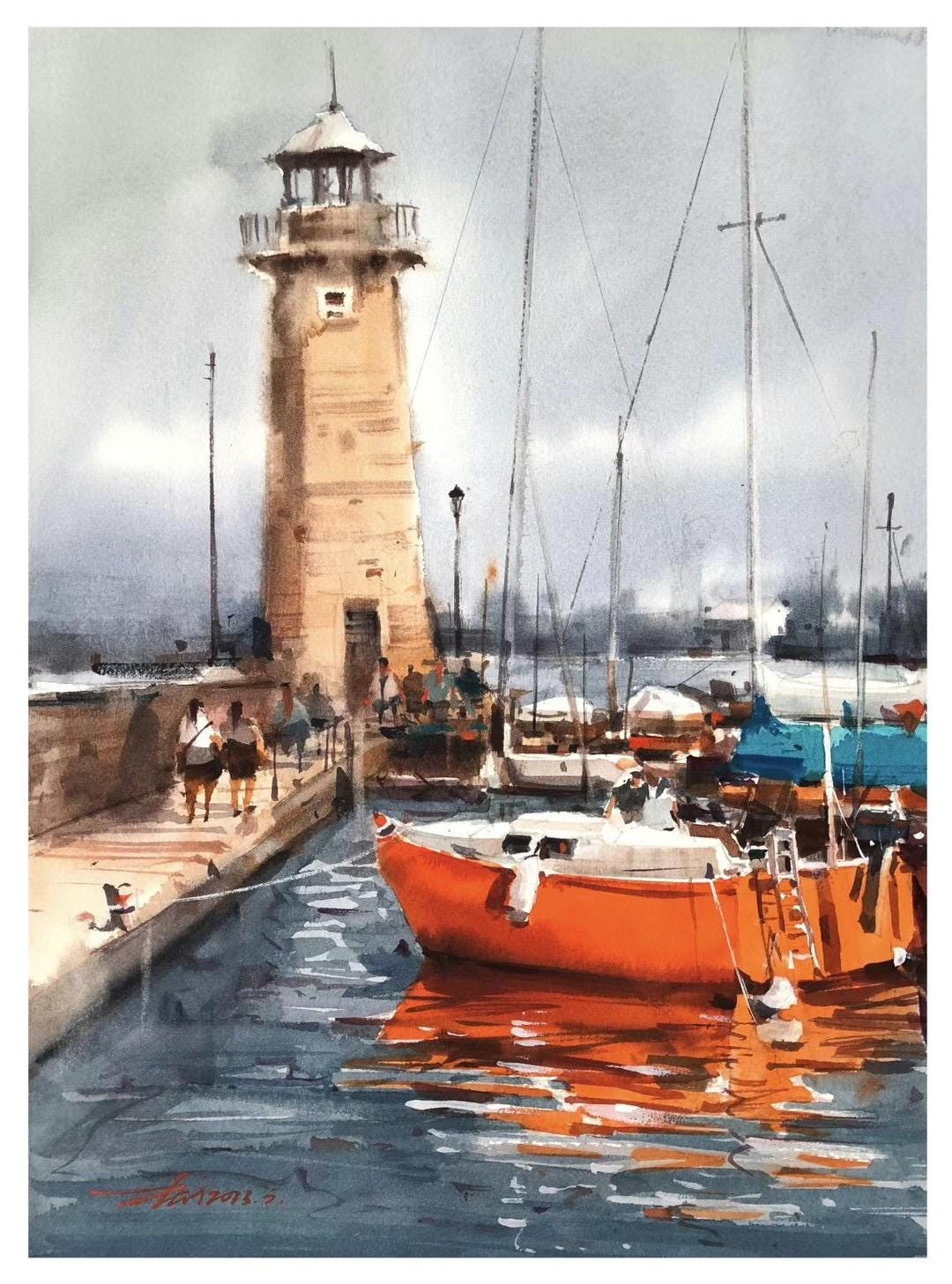 Jason Studio; Beacon; Boats; Scenery; Printable Original Watercolor ...