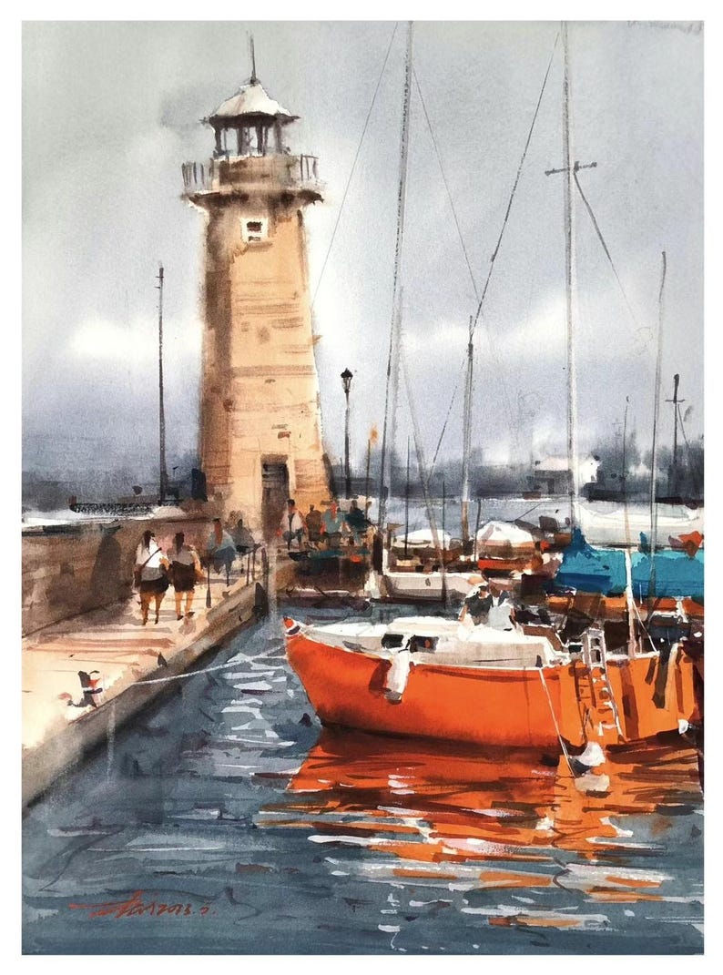 Jason Studio; Beacon; Boats; Scenery; Printable Original Watercolor ...